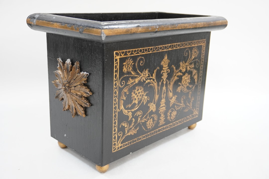 Metal Planter, Cache, Toleware Planter, Black Floral Planter, Vintage ...