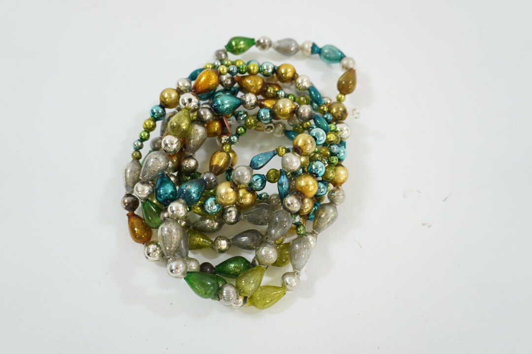 Vintage Christmas Garland, Glass Garland, Gold Green Blue Silver Glass ...