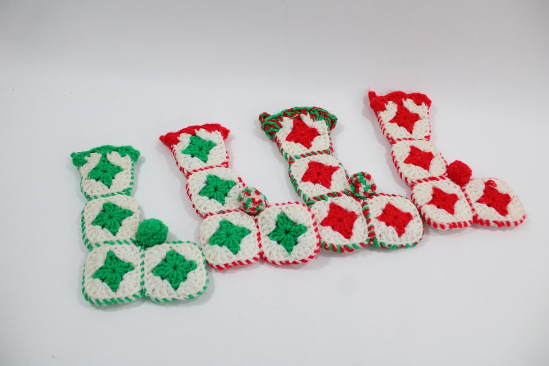 Christmas Stocking Ornaments, 4 Handmade Knitted Stockings, Granny ...