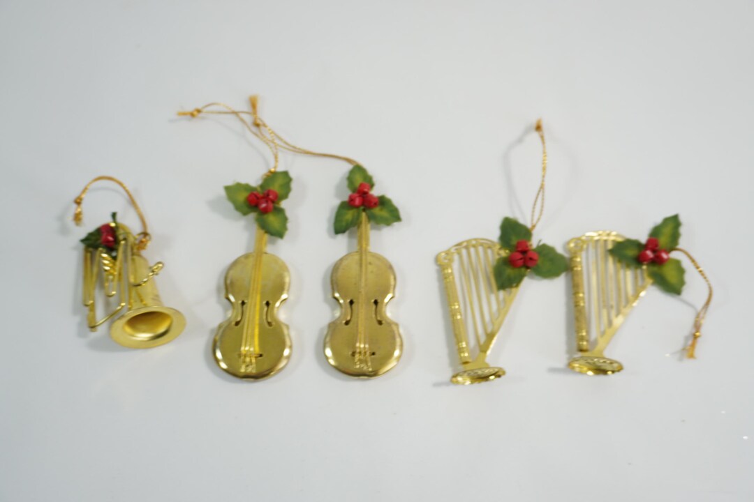 Vintage Brass Tree Ornaments, 5 Brass Instruments, Wreath Decor, 5 ...