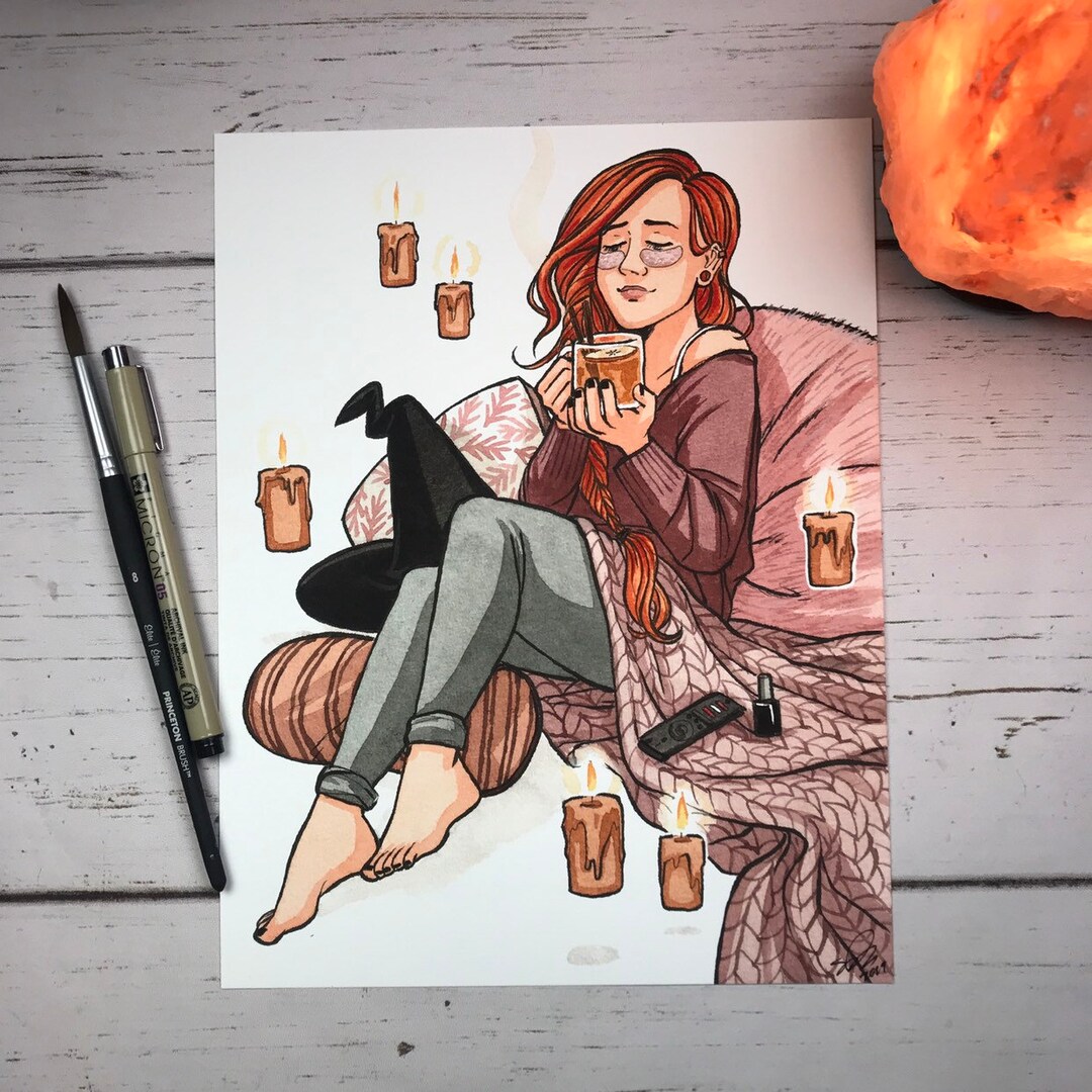 Inktober Witch / "cozy Witch" / Signed Print Original Watercolor - Etsy