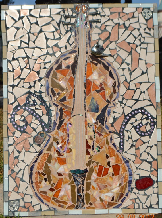 Items similar to Stained Glass Mosaic Cello, With Musical bird ...