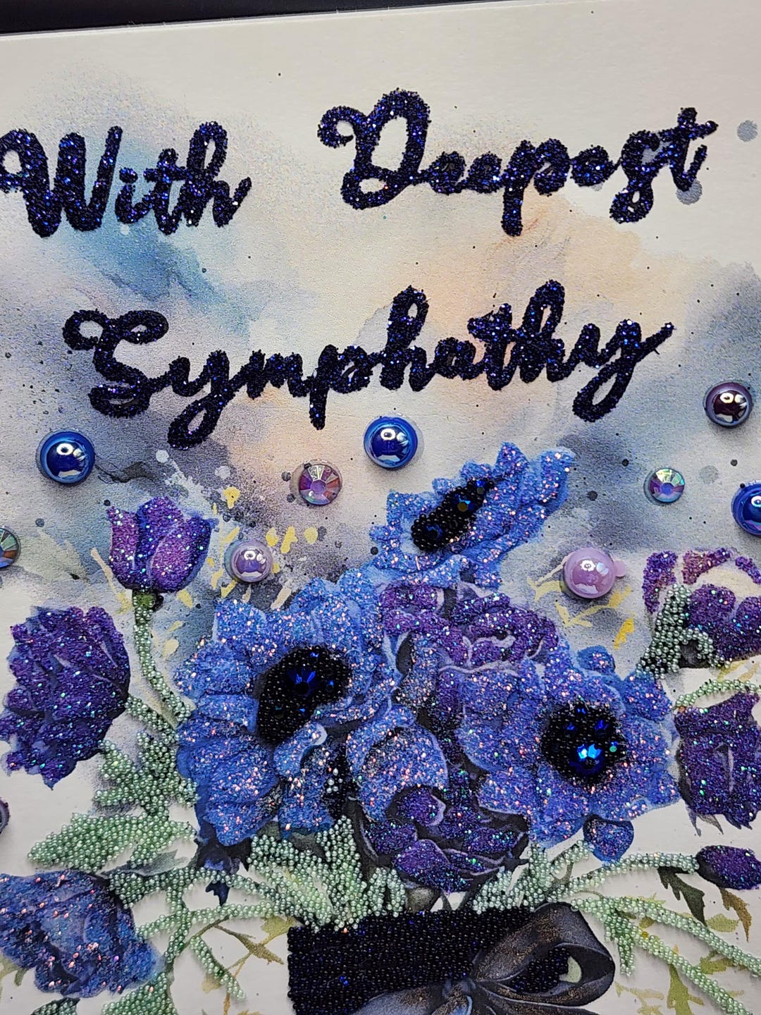 Sympathy Card With Deepest Sympathy Blue Floral Glittered Greeting Card ...