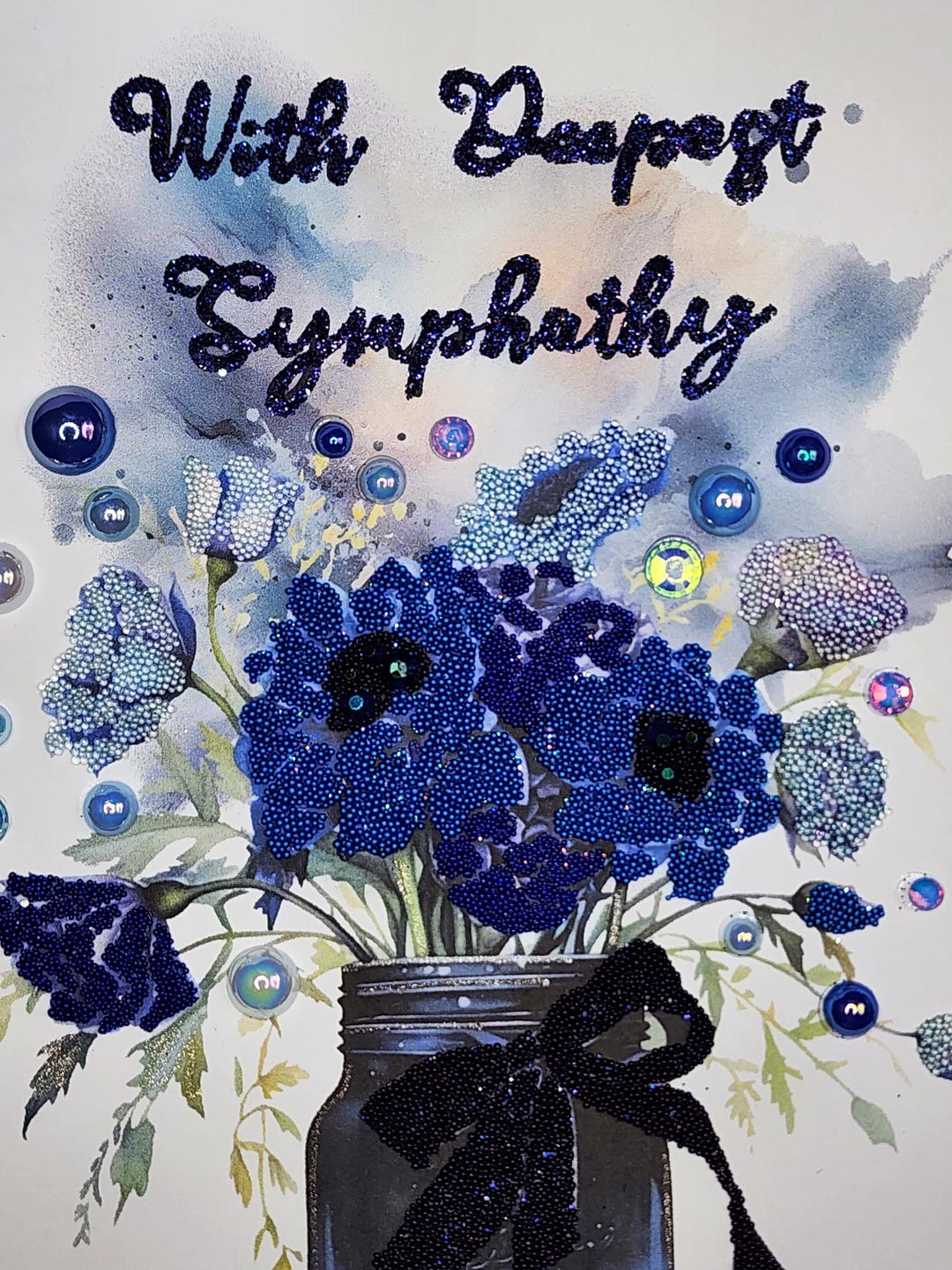 Sympathy Card With Deepest Sympathy Blue Floral Glittered Greeting Card ...