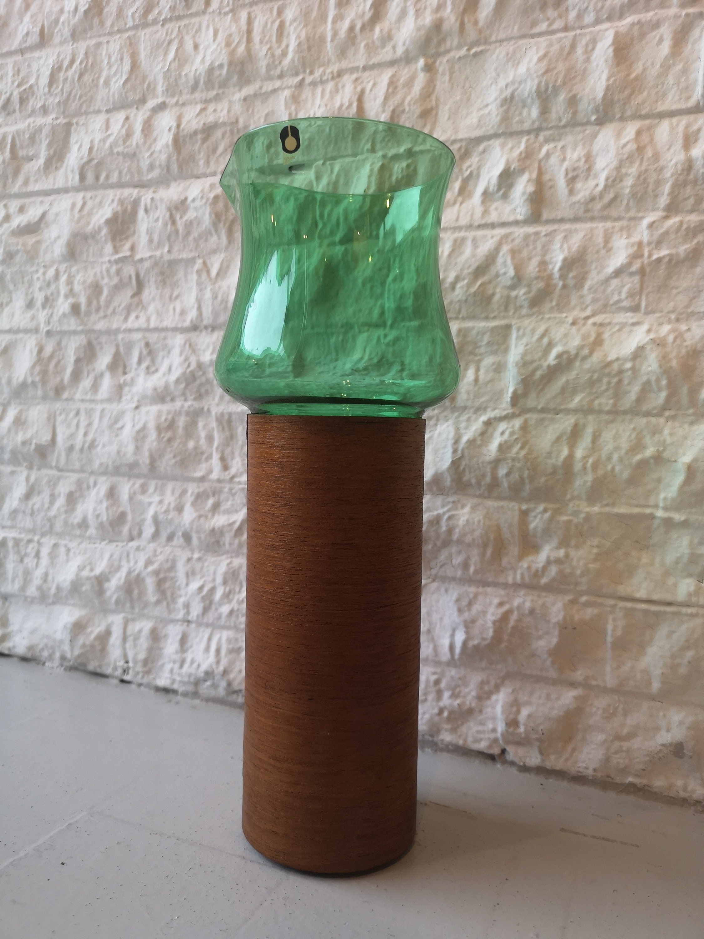 Pukeberg Sweden Glass & Teak Green Decanter or Vase Swedish Modern ...