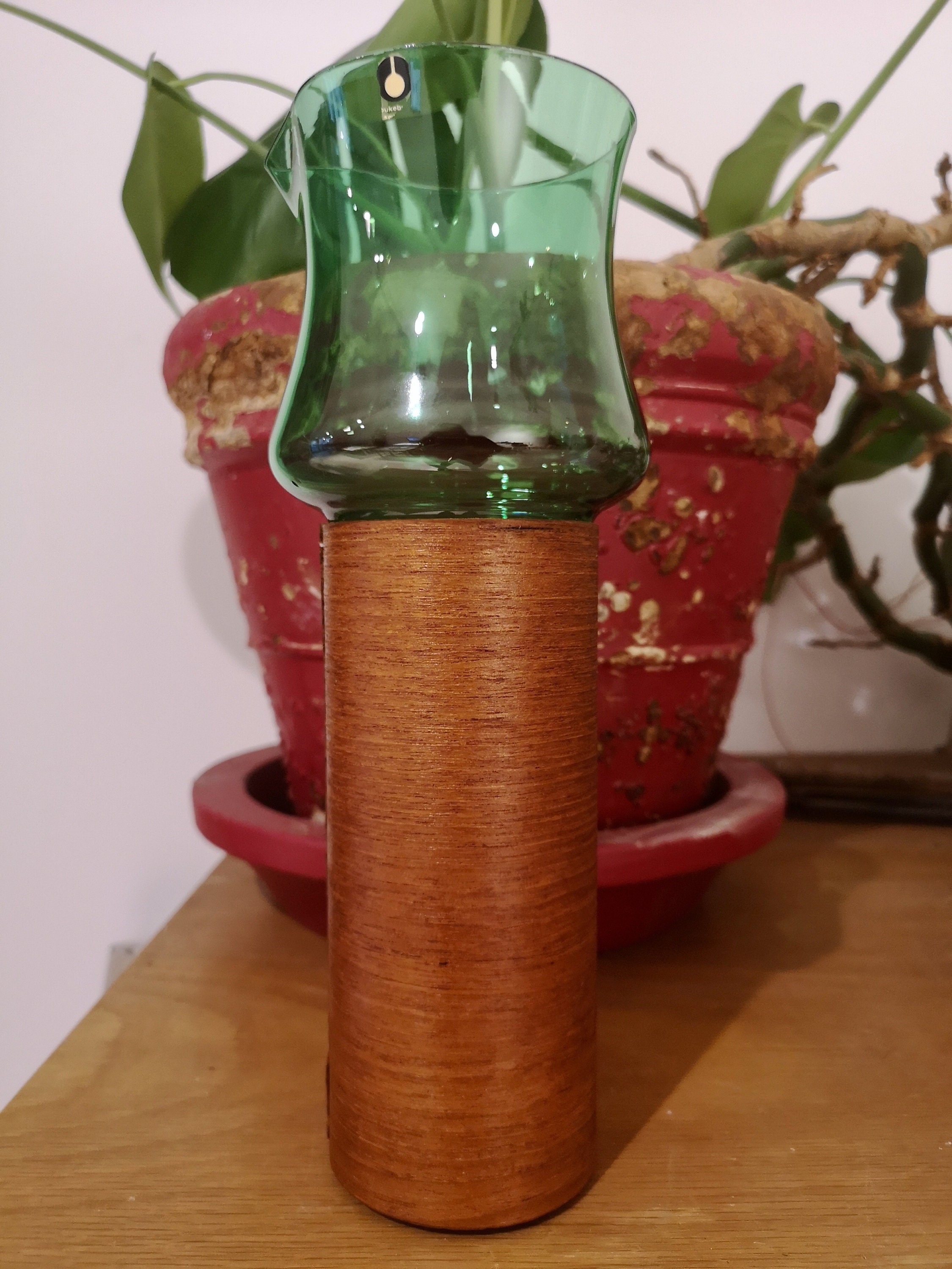 Pukeberg Sweden Glass & Teak Green Decanter or Vase Swedish Modern ...