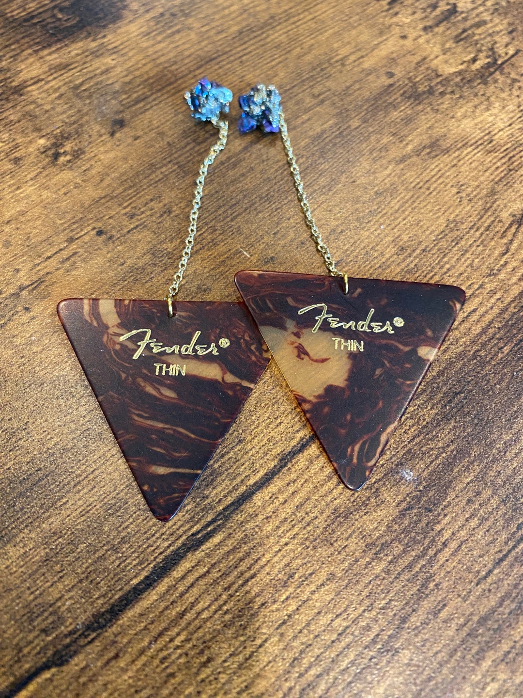 Tortoise Shell Triangle Fender Guitar Pick on Gold Metal Chain With ...