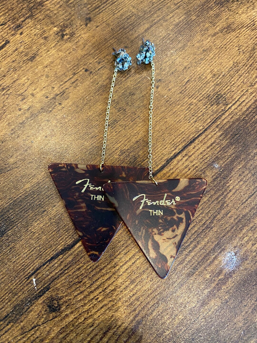 Tortoise Shell Triangle Fender Guitar Pick on Gold Metal Chain With ...