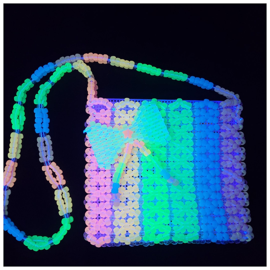 Glow Rainbow Kandi Purse W/bow,uv Star Bead,crochet Purse,kandi Bag ...