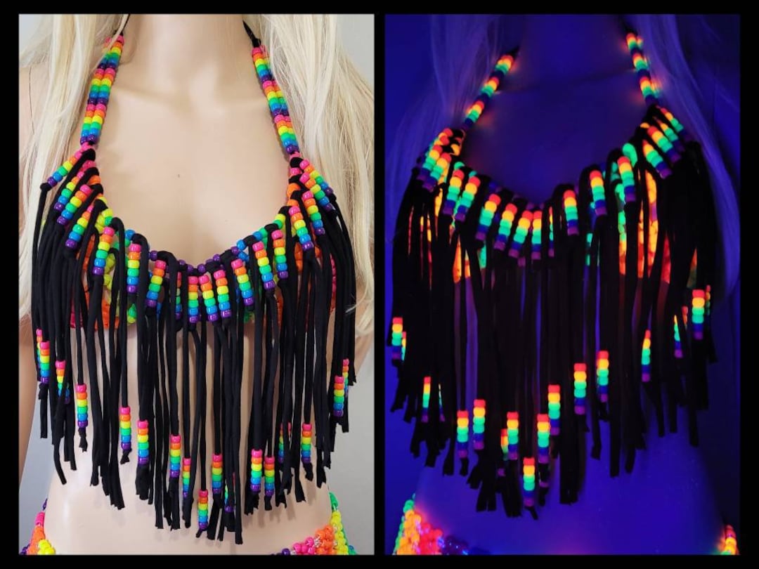UV Black and Rainbow Fringe Kandi Bra,festival Outfit,rave Outfit ...