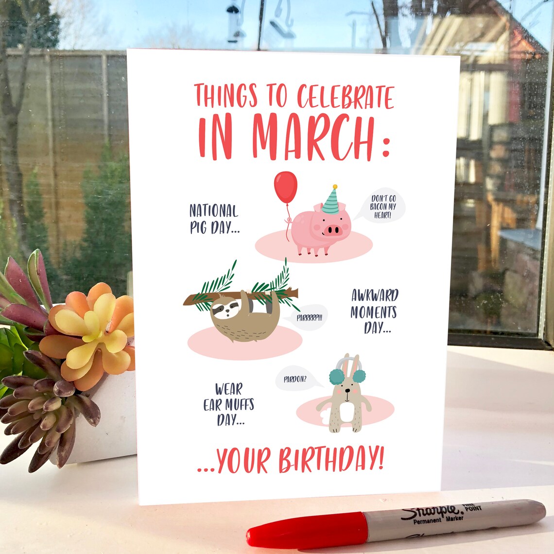 March Birthday card things to celebrate in March sloth card | Etsy