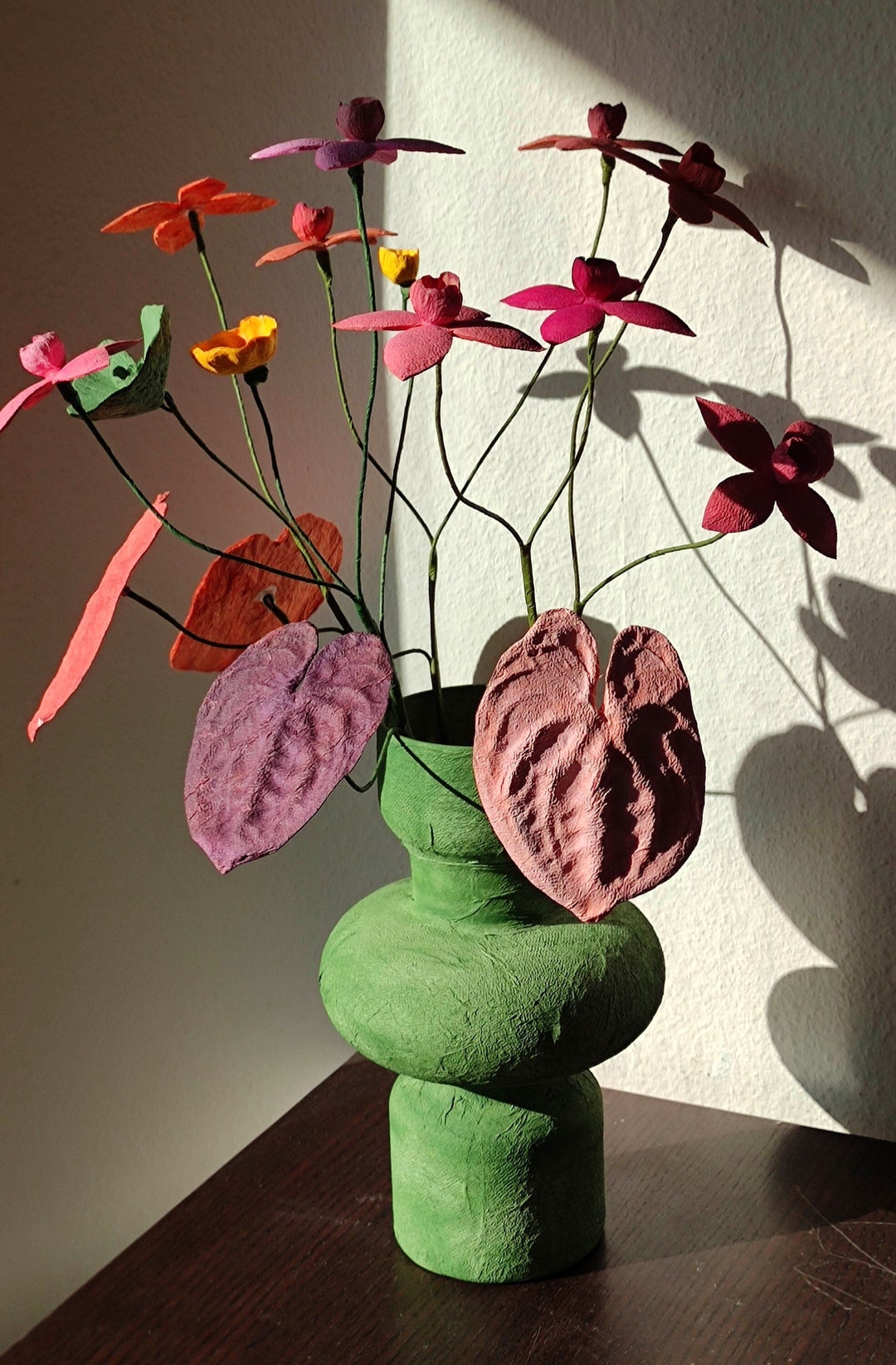 Paper Mache Flowers Composition, Paper Vase With Flowers and Leaves ...