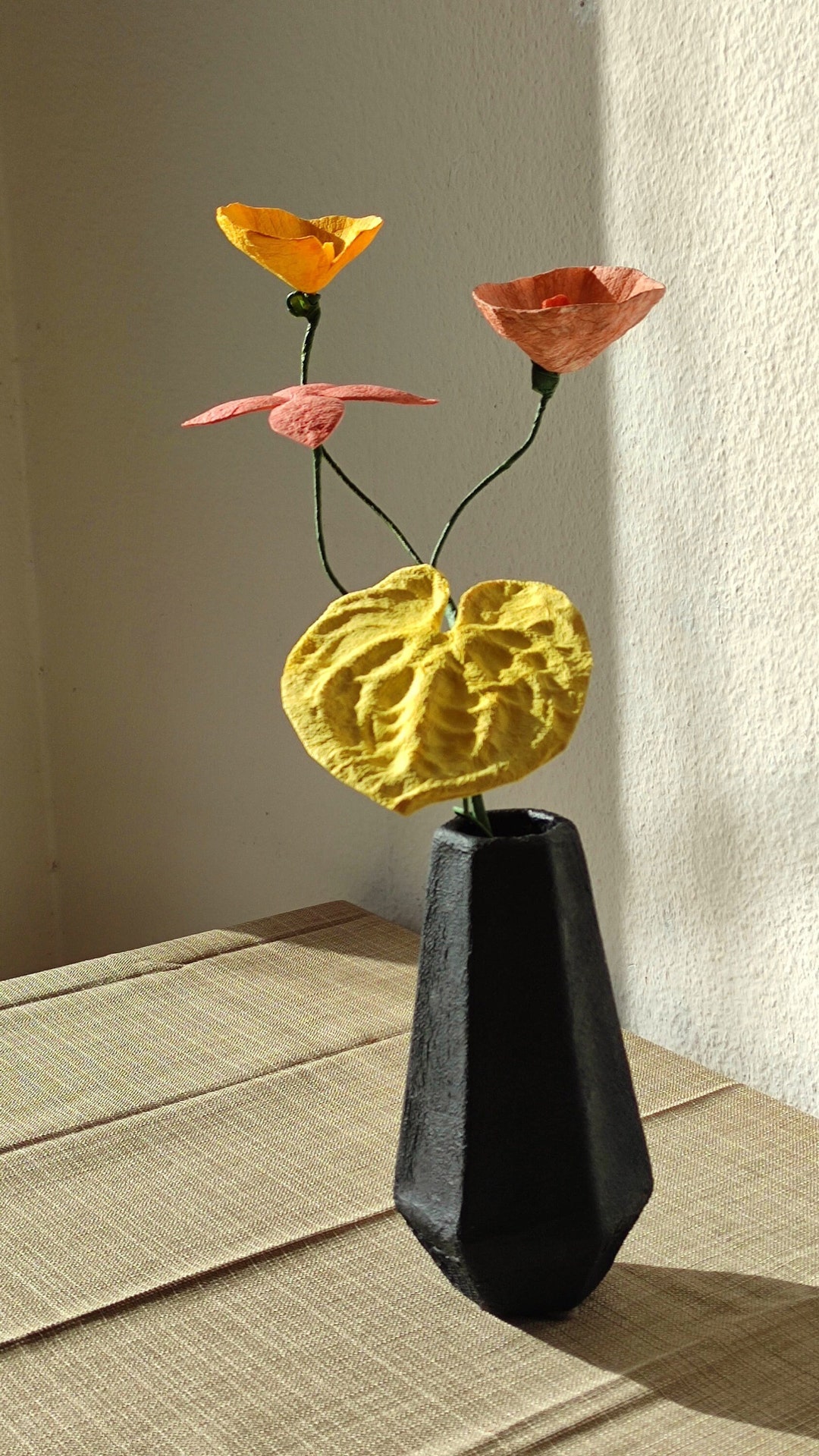 Paper Mache Flowers Composition, Paper Vase With 3 Paper Mache Flowers ...