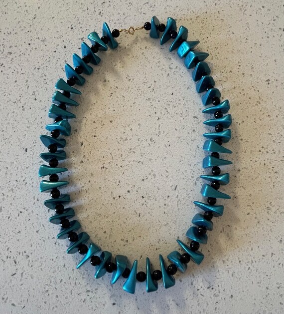 1960s Mod Blue Bead Necklace: Chunky Turquoise & Black - Gem