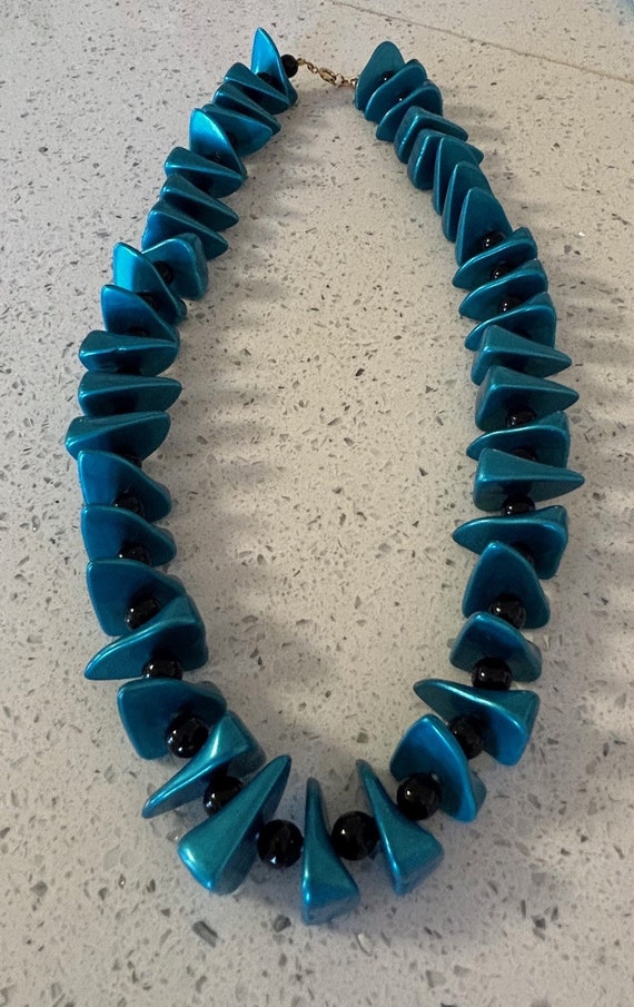 1960s Mod Blue Bead Necklace: Chunky Turquoise & Black - Gem