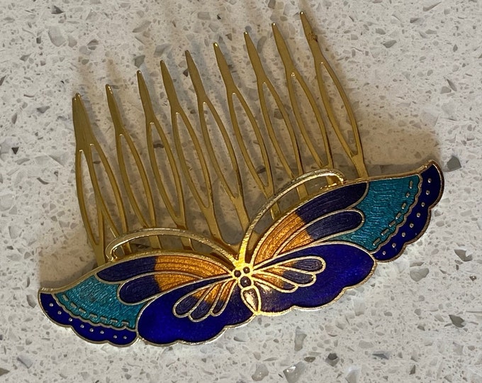 Butterfly Hair Comb, Cloisonne Gold Comb, Blue Butterfly Comb, Birthday ...