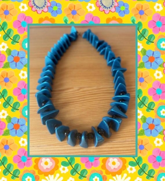 1960s Mod Blue Bead Necklace: Chunky Turquoise & Black - Gem