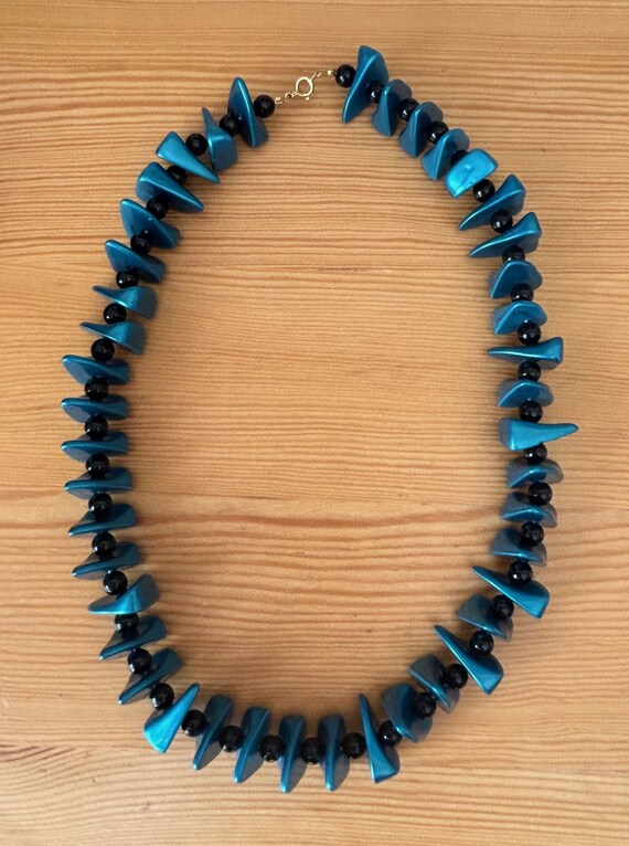 1960s Mod Blue Bead Necklace: Chunky Turquoise & Black - Gem