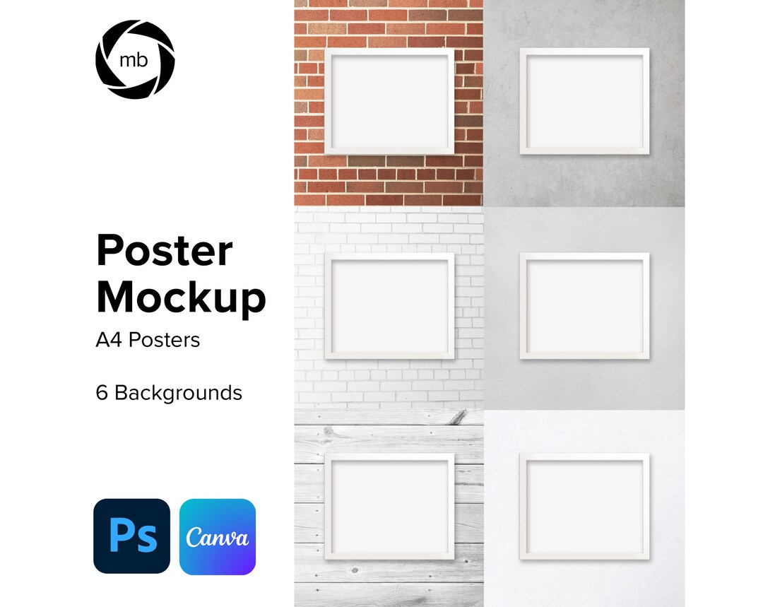 A4 Poster Mockup Bundle: Horizontal Frame, 6 Backgrounds (PSD, PNG, JPG ...
