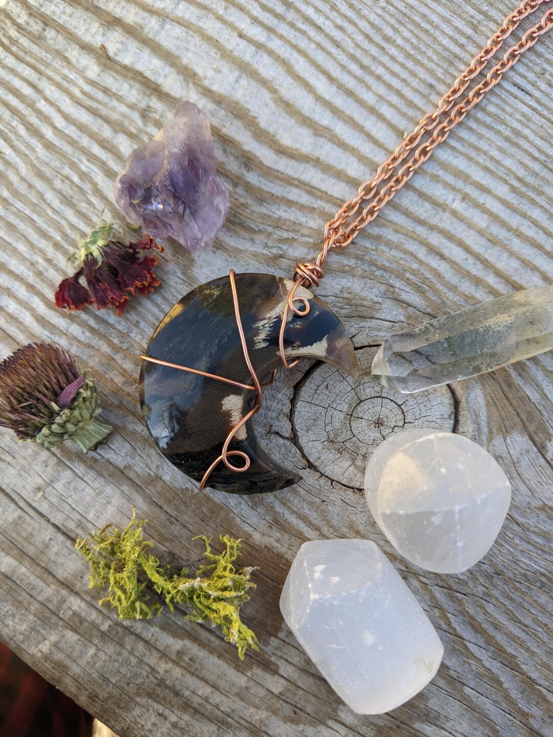 Amber Crescent Moon Pendant in Solid Copper, Amber Moon Pendant, Amber ...
