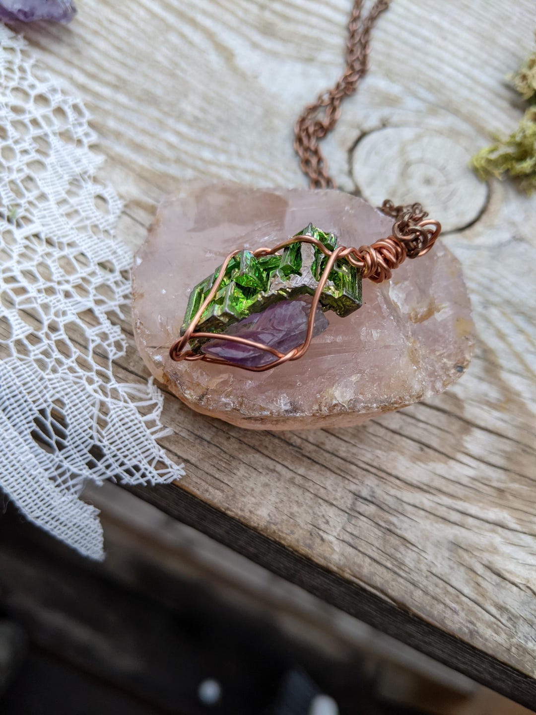 Bismuth and Amethyst Crystal Combination Pendant, Natural Amethyst ...