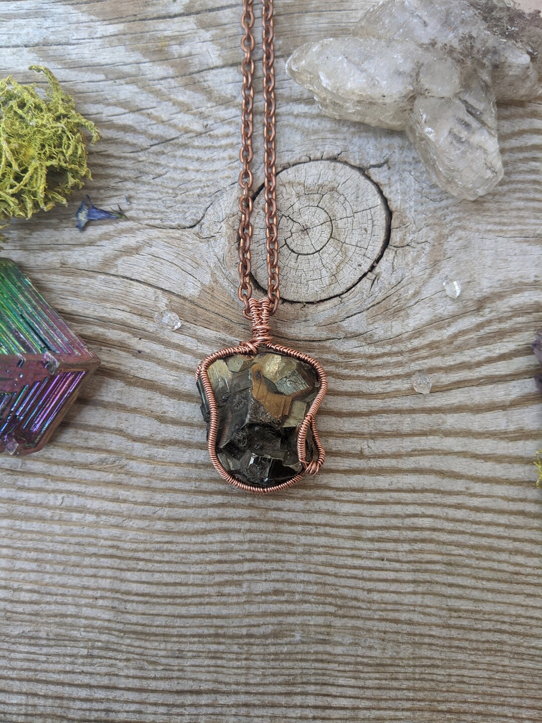 High Quality Pyrite Pendant Wrapped in Solid Copper, Crystalized Pyrite ...