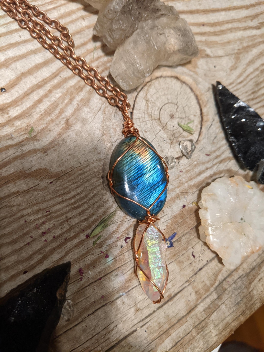 Rainbow Labradorite and Opal Aura Quartz Crystal Pendant, Natural Blue ...