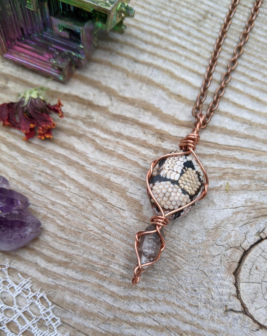 Snake Skin Jasper and Black Petroleum Herkimer Diamond Crystal Septor ...