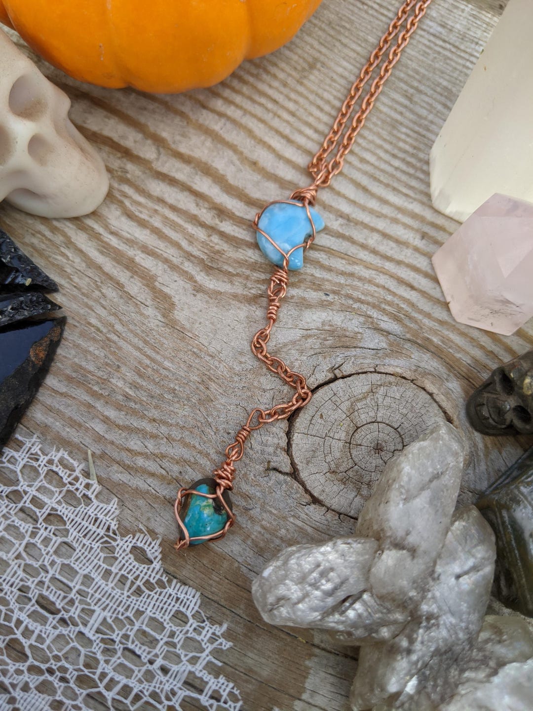 Larimar Moon and Natural Tibetan Turquoise Crystal Drop Pendant in ...
