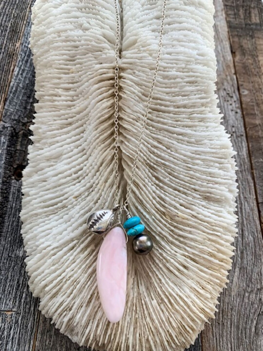 Pink Opal Necklace: Tahitian Pearl, Cowrie Shell, Turquoise, Sterling ...