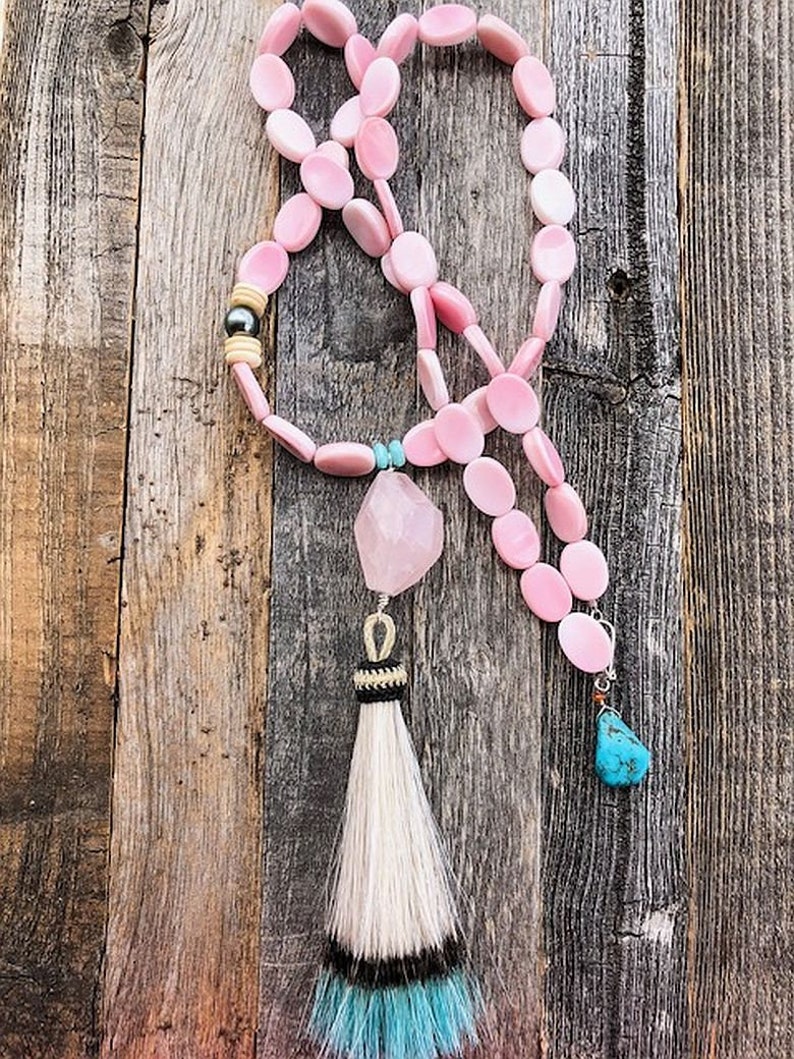Pink Conch Shell Necklace: Tahitian Pearl, Rose Quartz & Horse Hair ...