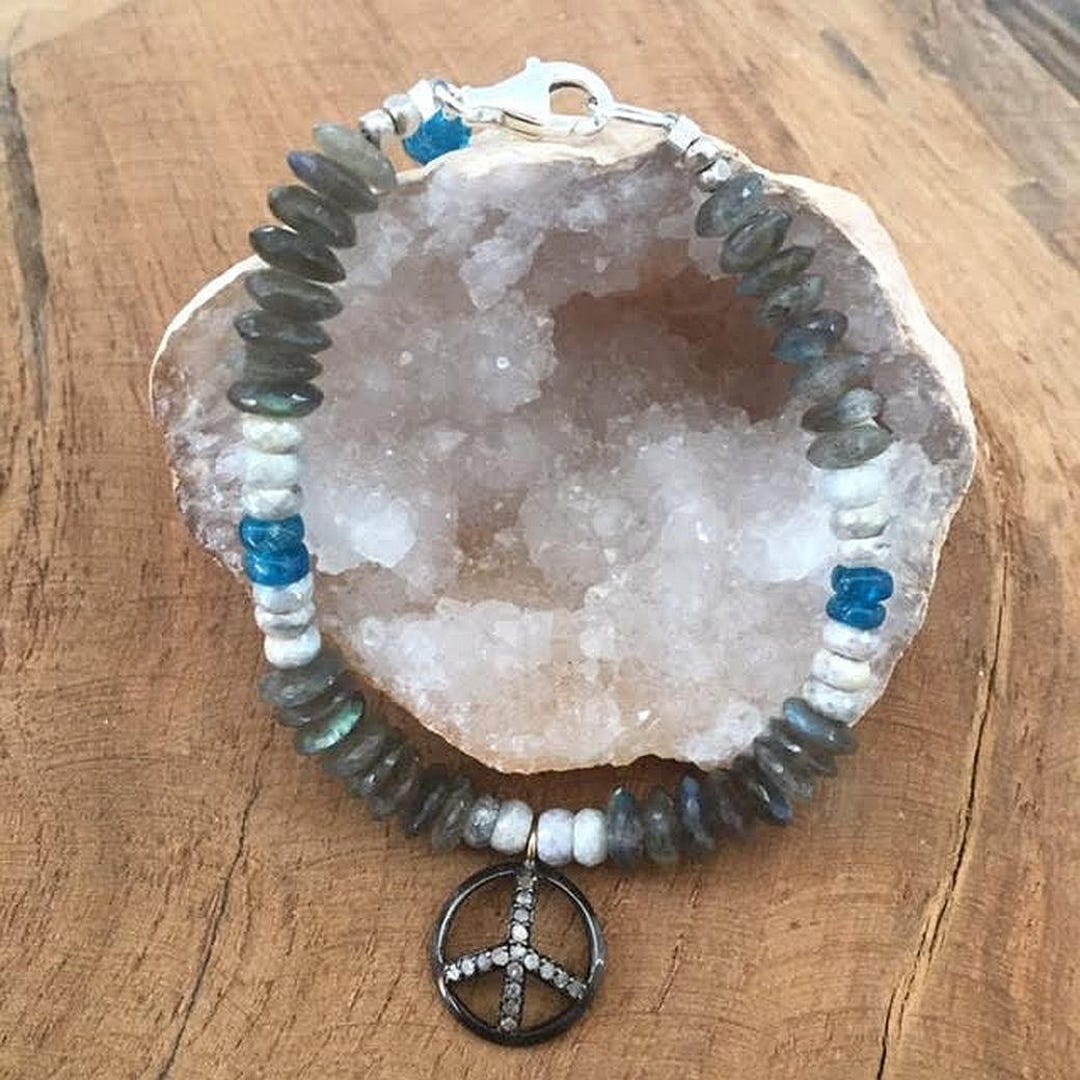 Labradorite Bracelet: Pave Diamond Peace Charm, Apatite & Silverite ...