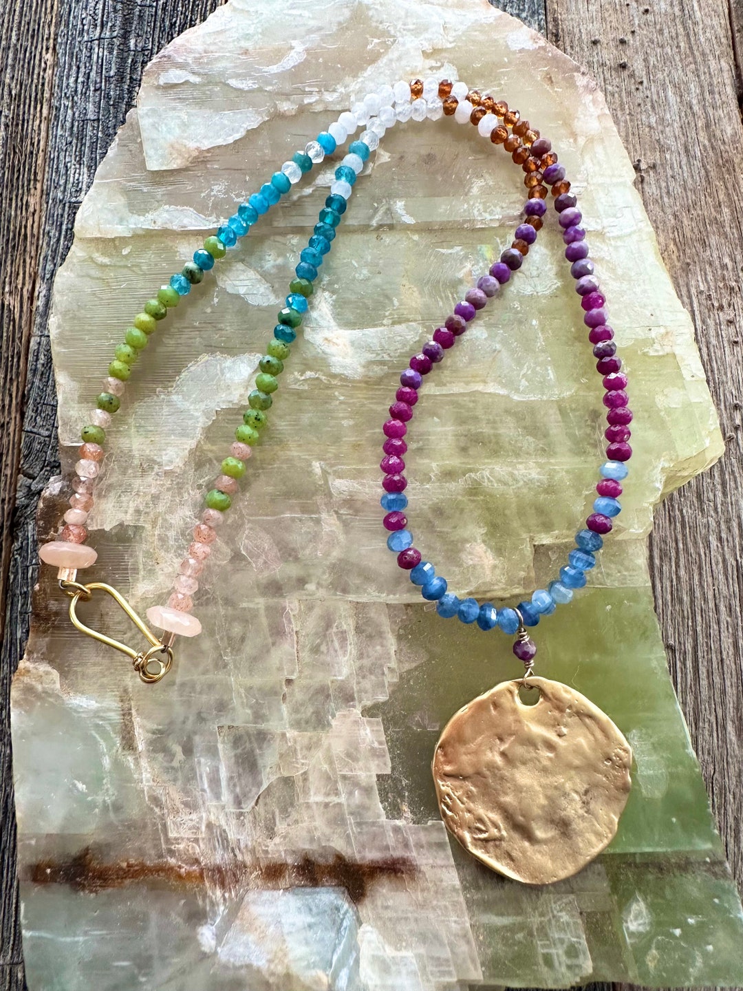 Gold Vermeil Medal Necklace | Gemstone Ombre | Ruby | Kyanite ...