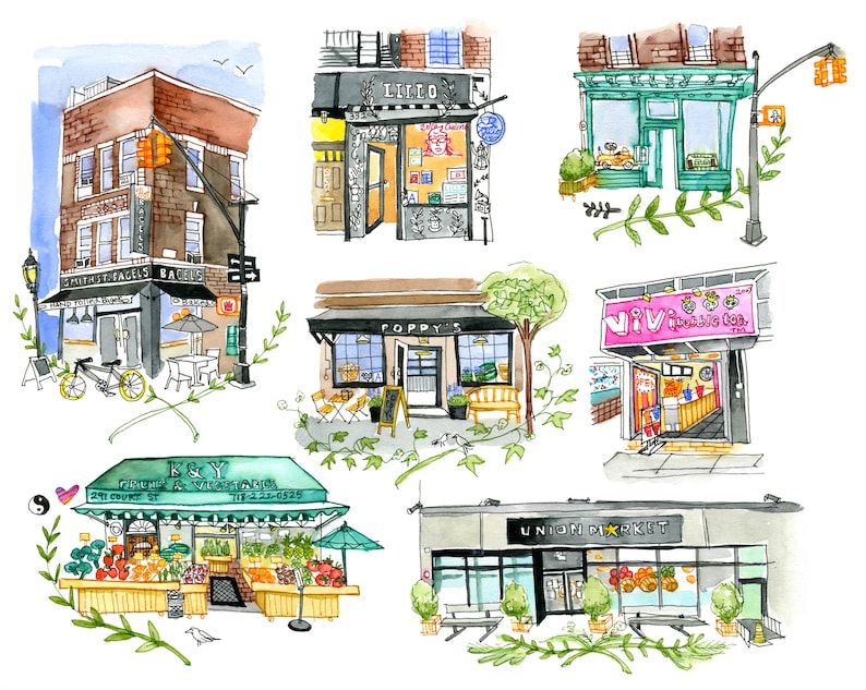 Custom Hand Painted Art of Favorite Landmarks Storefronts and - Etsy