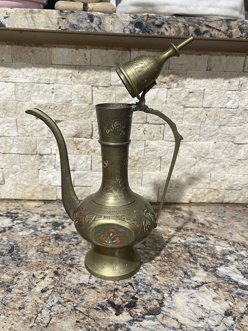 Vintage Brass Teapot Genie Lamp Pitcher Made in India Ornate Etched 9 ...
