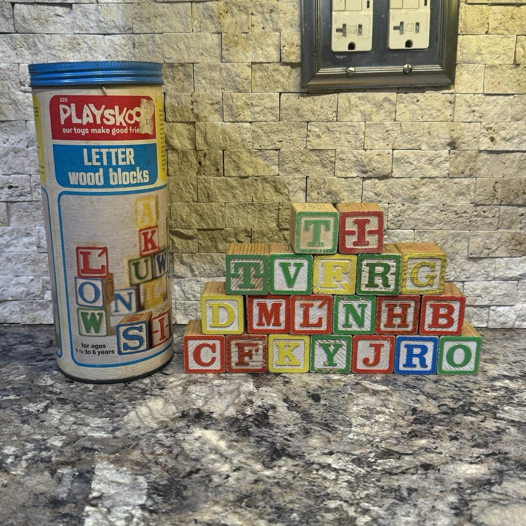 1974 Playskool Wood Letter Blocks Embossed Vintage ABC Blocks USA MB Co ...