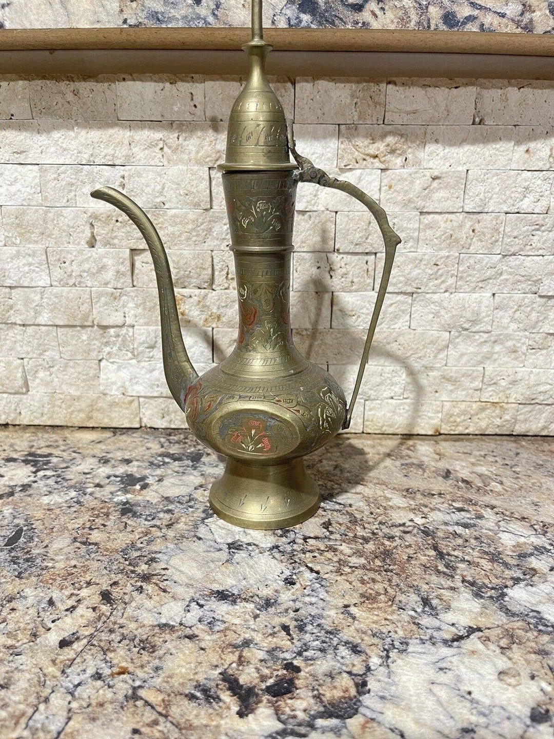 Vintage Brass Teapot Genie Lamp Pitcher Made in India Ornate Etched 9 ...