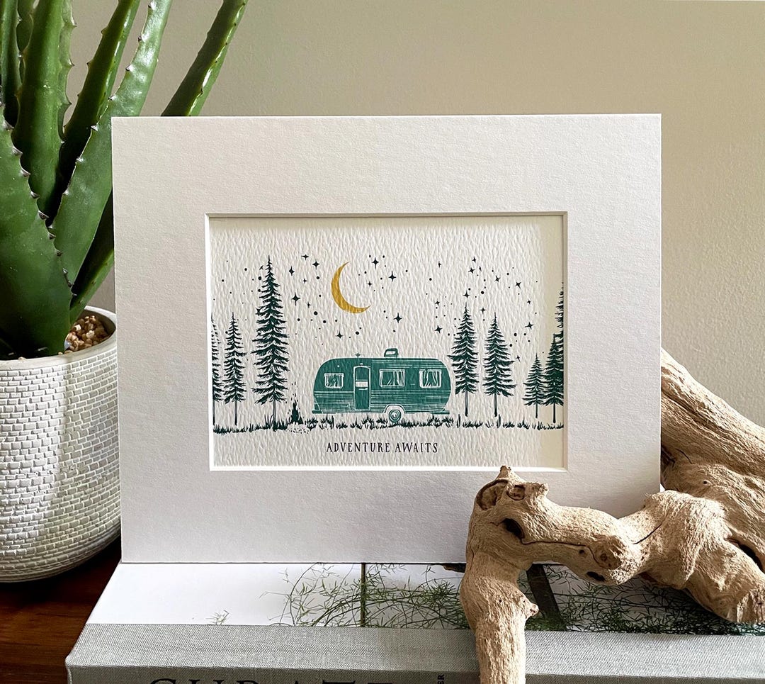 Adventure Awaits Camper Van Wall Art – Forest Camping Print Under Moon ...