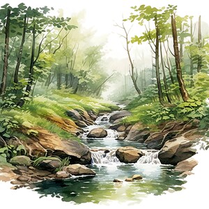 Mountain Brook, Forest Brook Clipart, Watercolor Brook, Mountain Stream ...