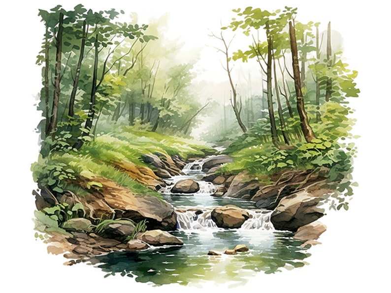 Mountain Brook, Forest Brook Clipart, Watercolor Brook, Mountain Stream ...
