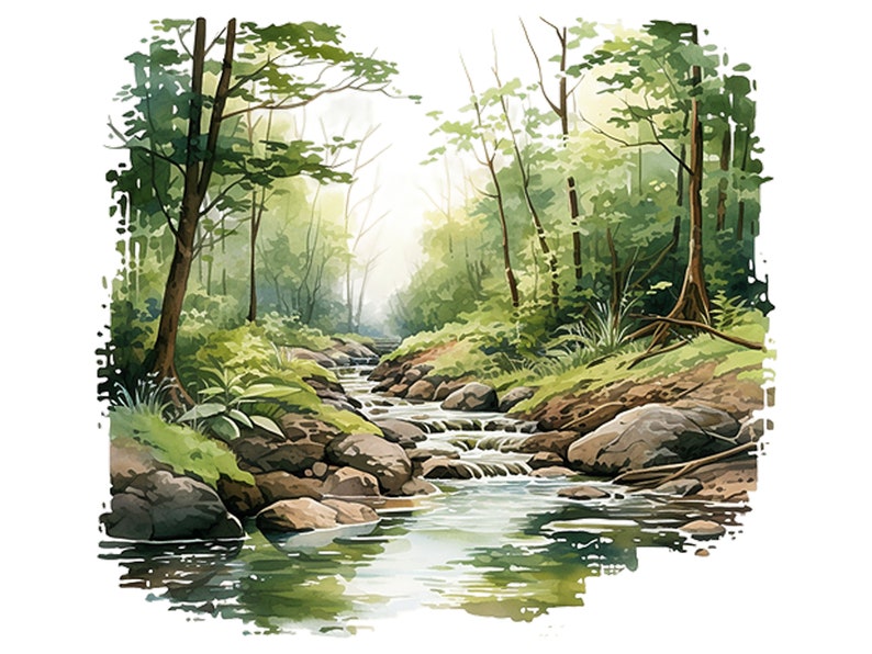 Mountain Brook, Forest Brook Clipart, Watercolor Brook, Mountain Stream ...