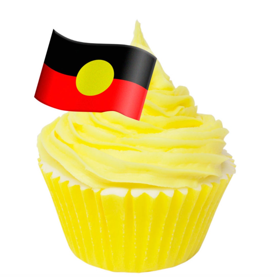 12 PRE CUT EDIBLE Rice Wafer Card Aboriginal Flag Cupcake Party Toppers ...