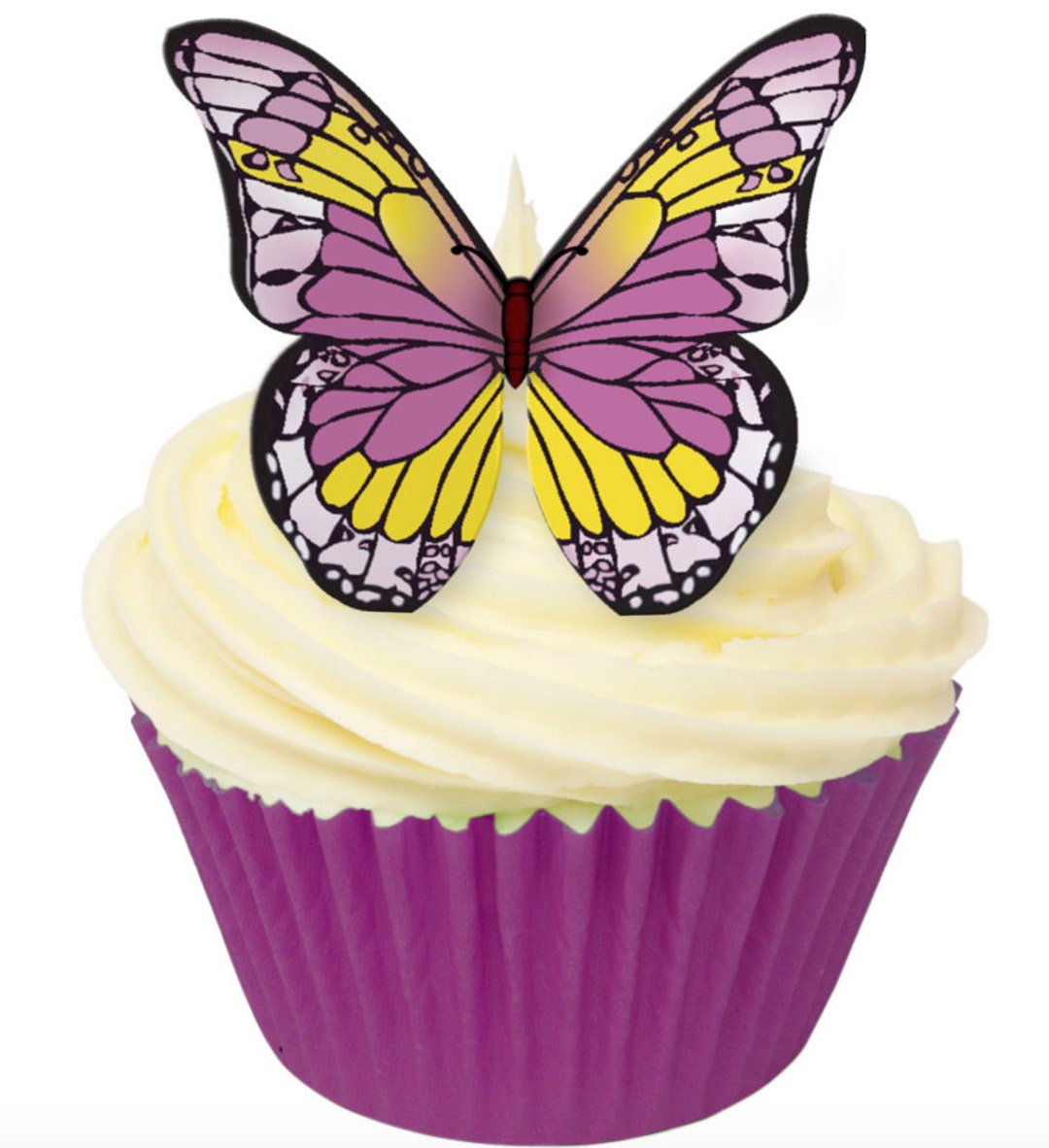 12 PRE CUT EDIBLE Rice Wafer Card Purple Yellow Butterfly Cupcake Party ...