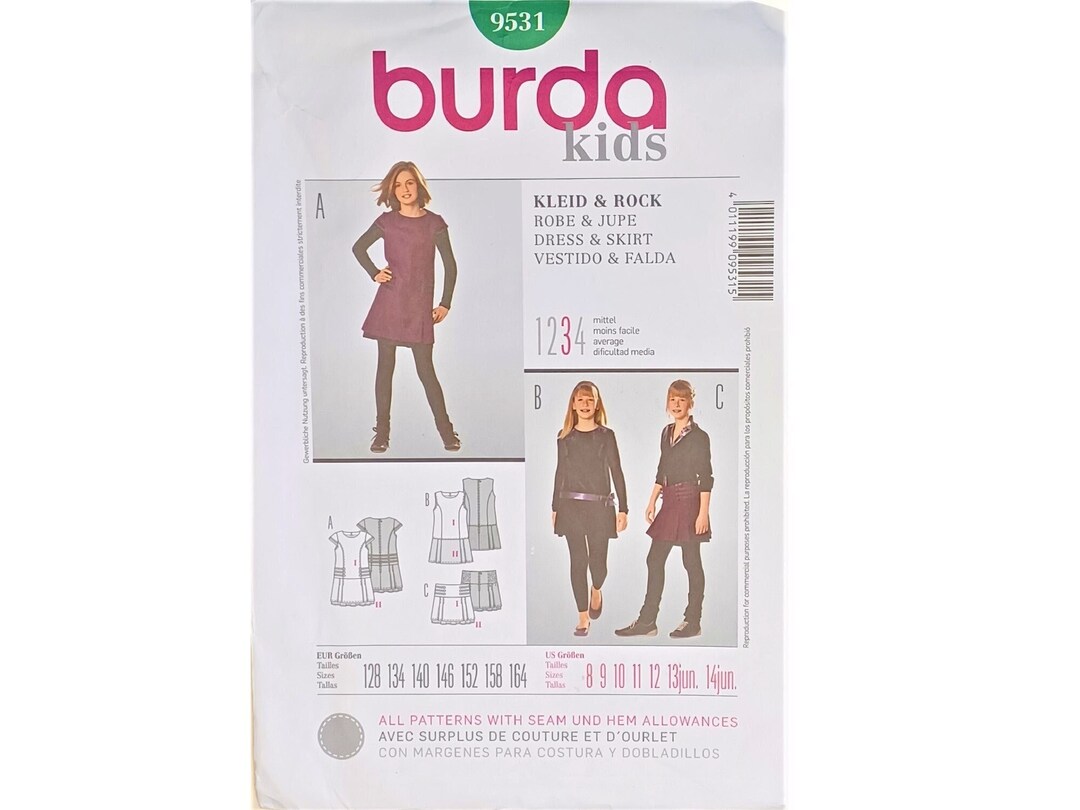 UNCUT Burda Kids 9531 Girls Pleated Kilt Skirt or Dress Sewing Pattern ...