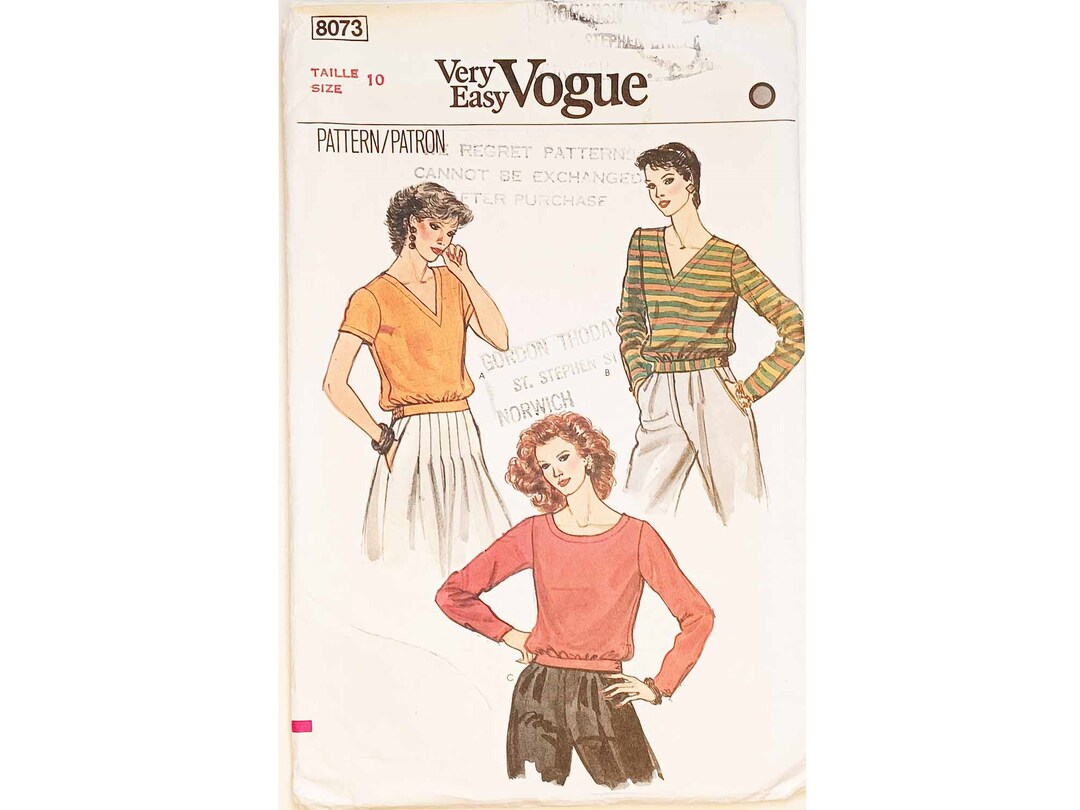 Rare UNCUT Vintage Vogue 8073 Round or V Neck Long / Short Sleeve ...