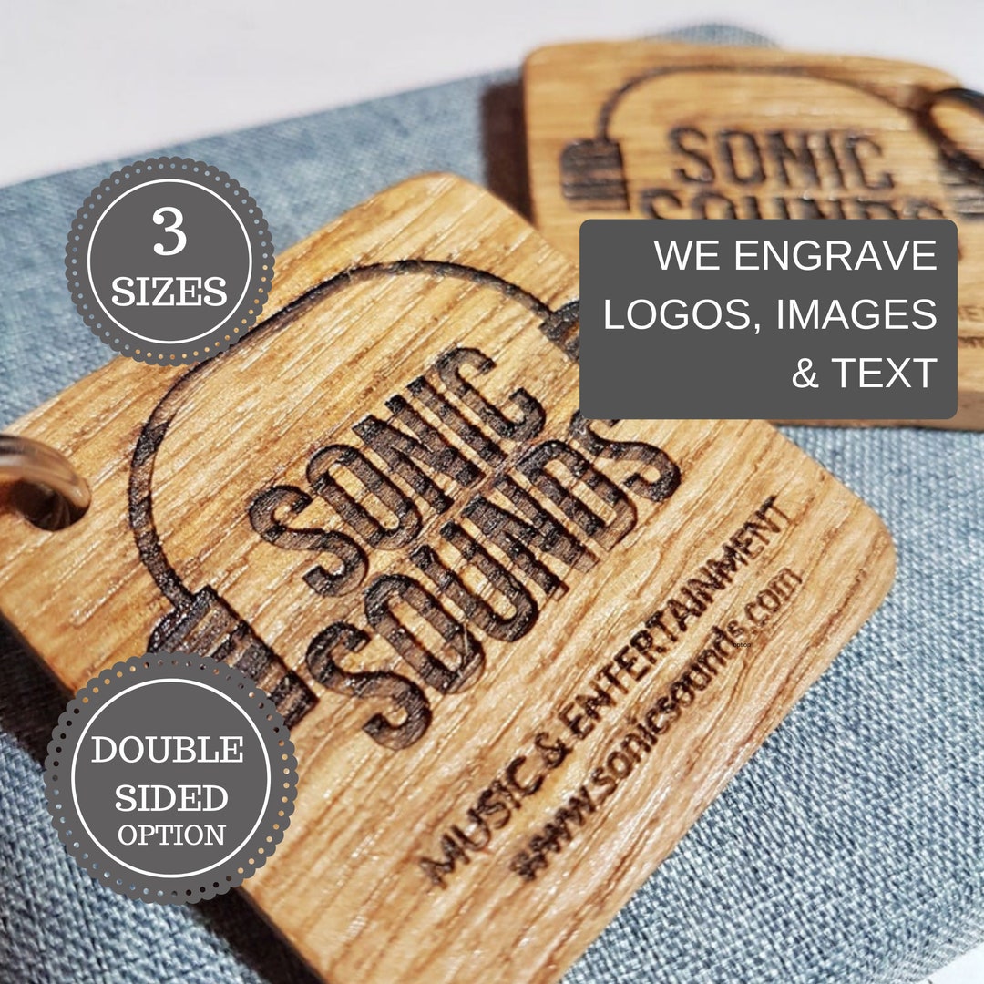 Personalised Logo Keyring Engraved Oak Wood Business Name Keychain ...