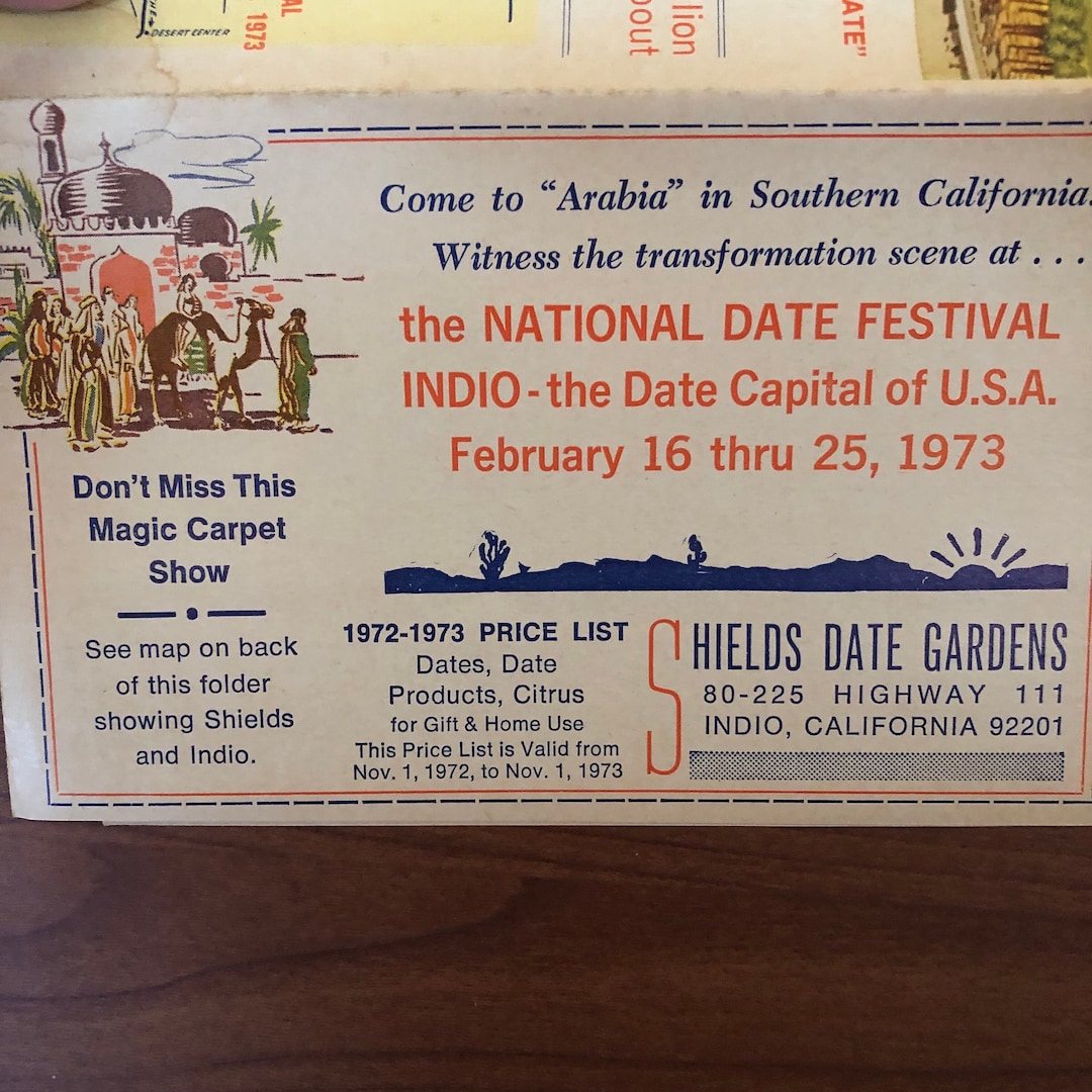 Shields Date Gardens Vintage 1972 Indio California Map Brochure the ...