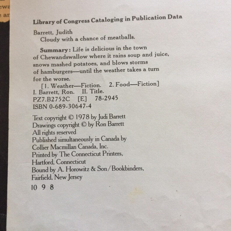 Cloudy With a Chance of Meatballs Judi Barrett Ron Barrett - Etsy