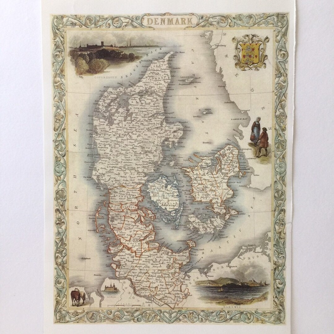 Denmark Map Antique Map Art Print Tallis Archival Reproduction Home ...