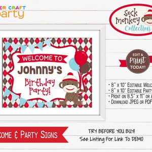 Sock Monkey Printable Birthday Banner, Edit Online + Download Today ...